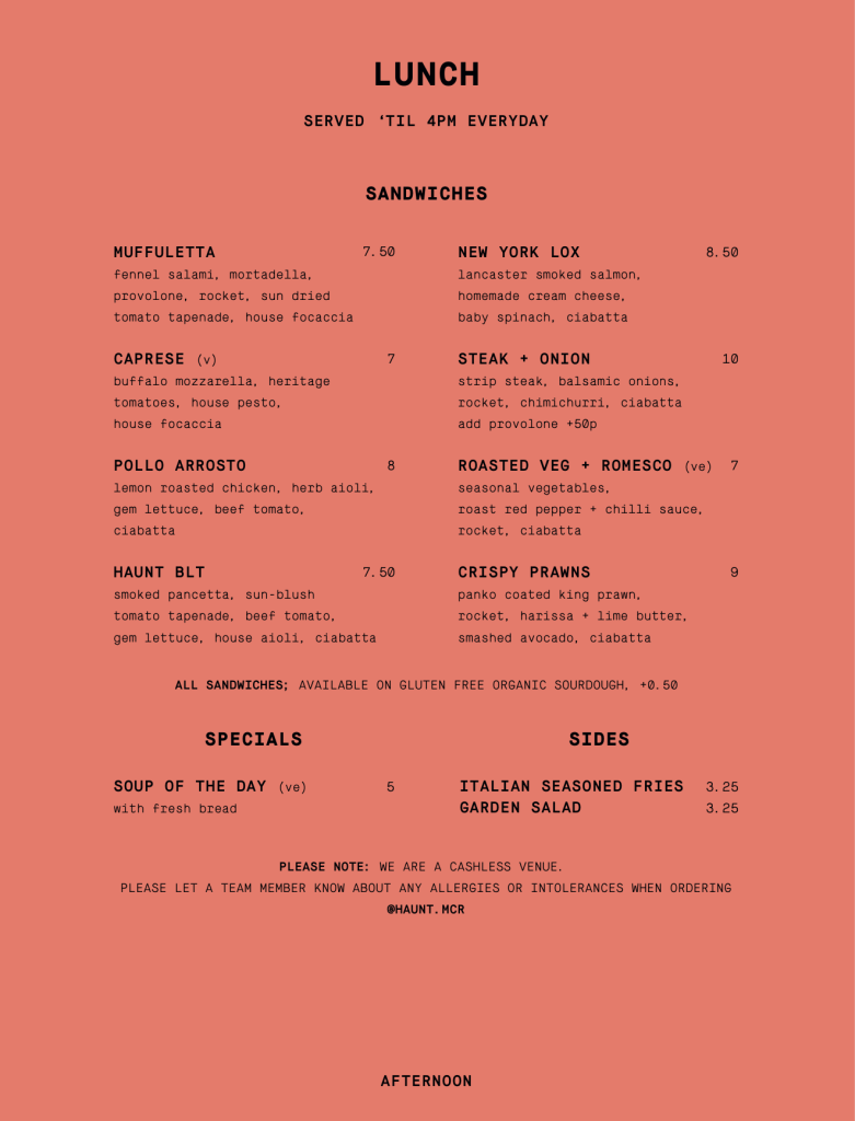Menus – Haunt Manchester