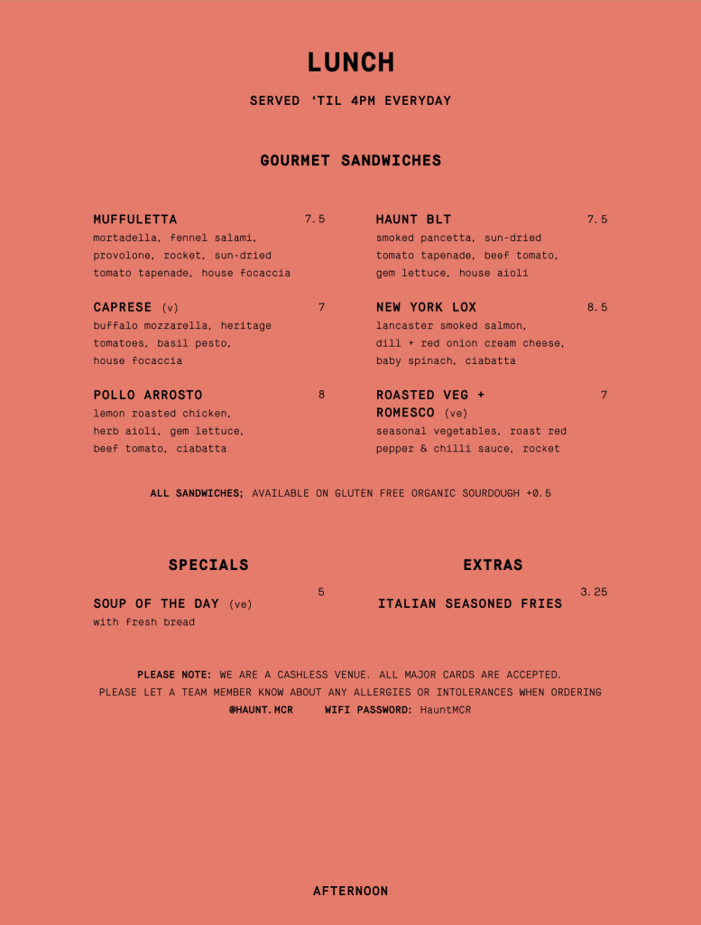 Menus – Haunt Manchester