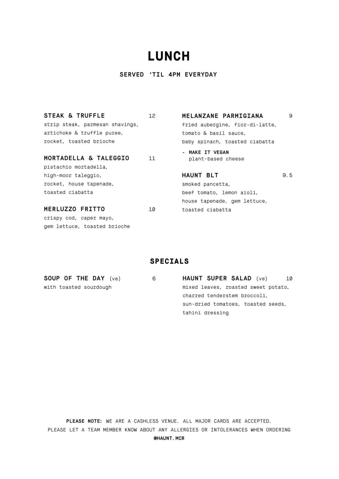 Menus – Haunt Manchester